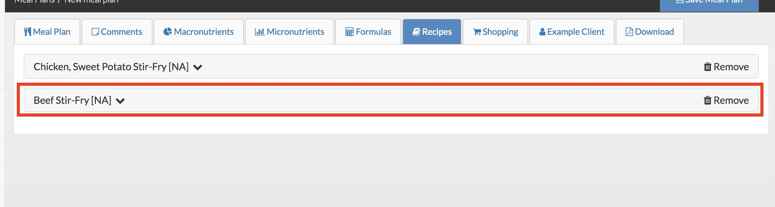 Removing a Recipe from a Meal Plan in NutriAdmin